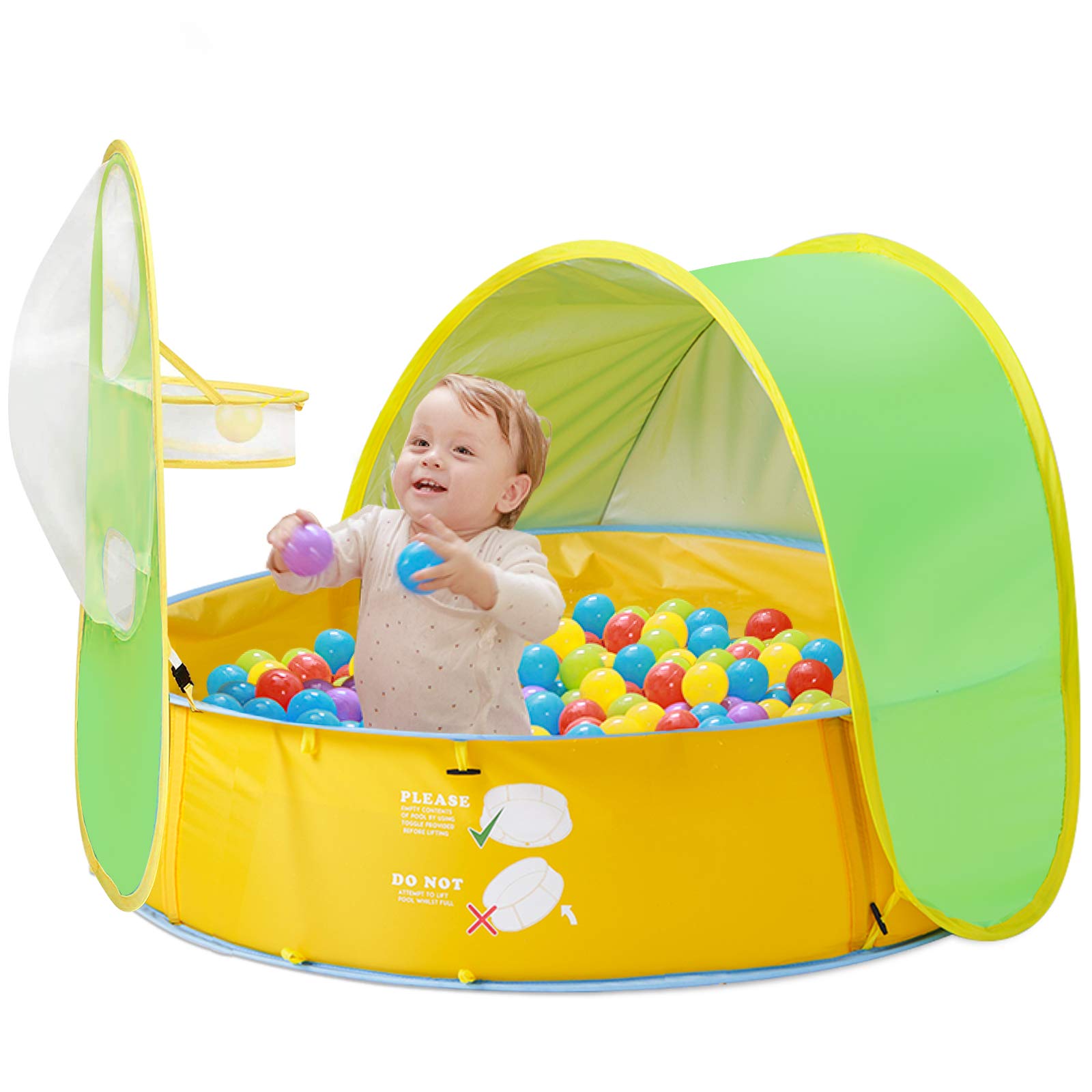 FBSPORT Ball Pit Tent for Kids, Baby Beach Tent Paddling Pool, Baby Play Pool Tent, 50+ UPF Protection Sun Shade with Basketball Hoop- Balls Not Included