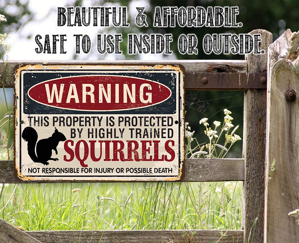 Metal Sign - Warning Property Squirrels - Durable Metal Sign - Use Indoor/Outdoor - Cute and Funny Garden Decor and Gift Under $20 (8" x 12")