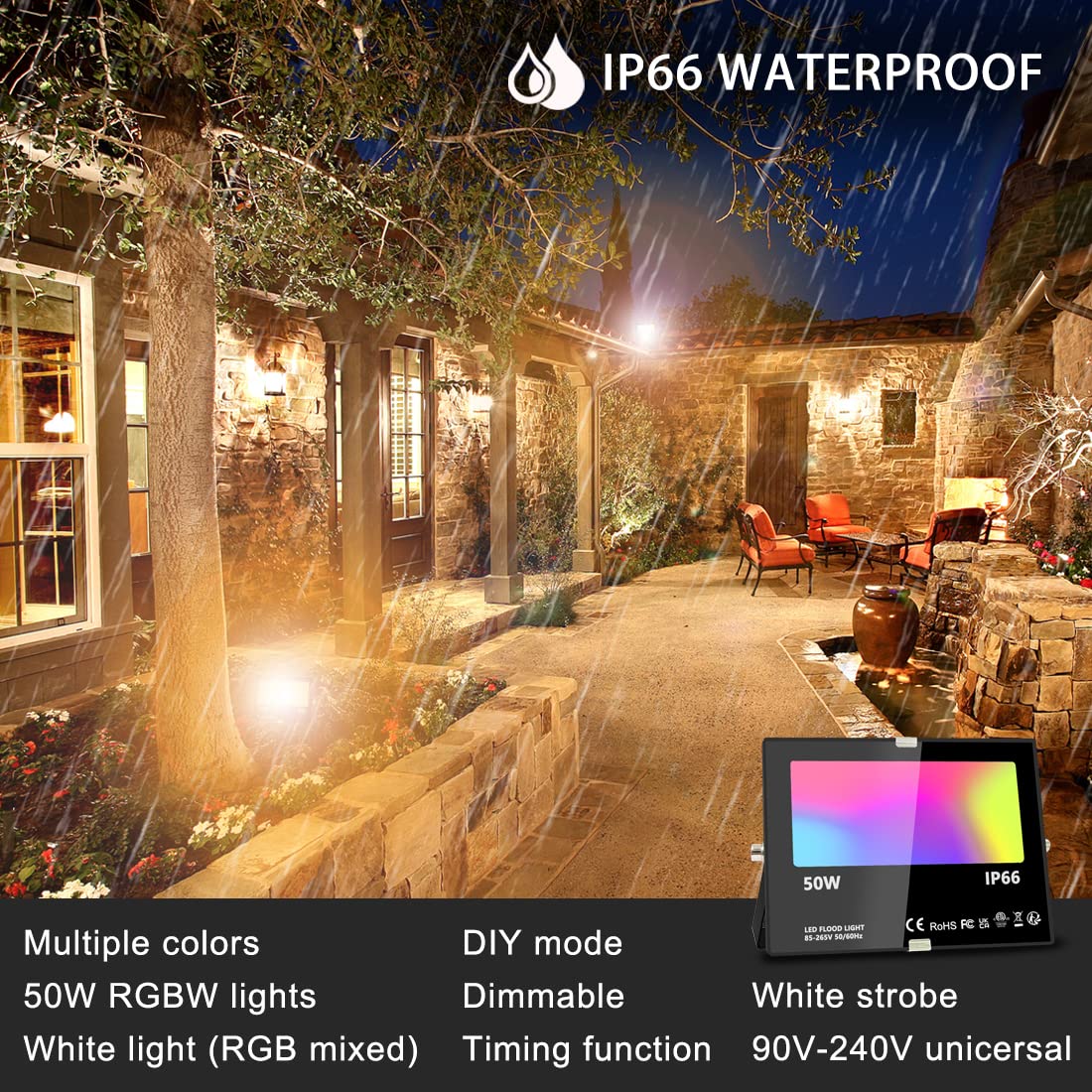 MELPO Led Flood Light 500W Equivalent, RGBW Led Outdoor Lights Colored Floodlight with Remote,50W,5000ML 2700K,120 Colors, Timing, Dimmable, Custom Modes, Landscape Lighting (2 Pack)