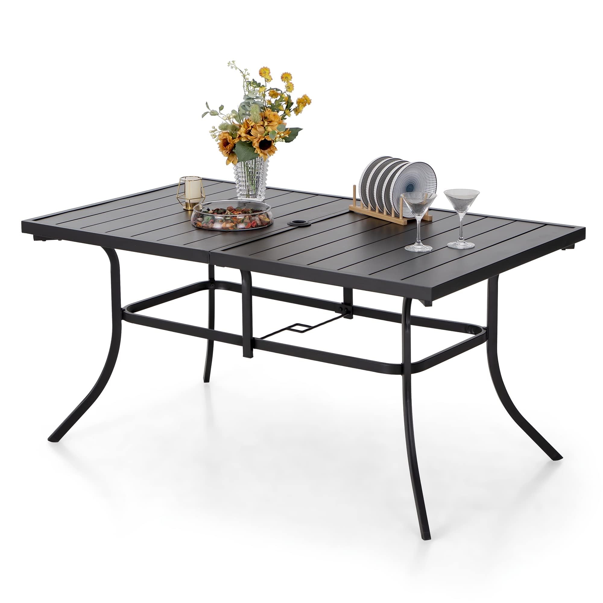 PHI VILLA 6-Person Outdoor Metal Steel Slat Dining Rectangle Table with Adjustable Umbrella Hole, Weather-Resistant for Patio Outdoor Use, Black