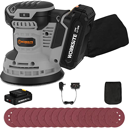 WORKSITE 20V MAX Cordless Random Orbital Sander, 5-Inch Variable Speed Orbital Hand Sander w/2.0A Battery, Charger,Dust Collector and 30pcs Sanding Discs, Gray