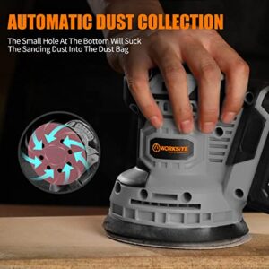 WORKSITE 20V MAX Cordless Random Orbital Sander, 5-Inch Variable Speed Orbital Hand Sander w/2.0A Battery, Charger,Dust Collector and 30pcs Sanding Discs, Gray