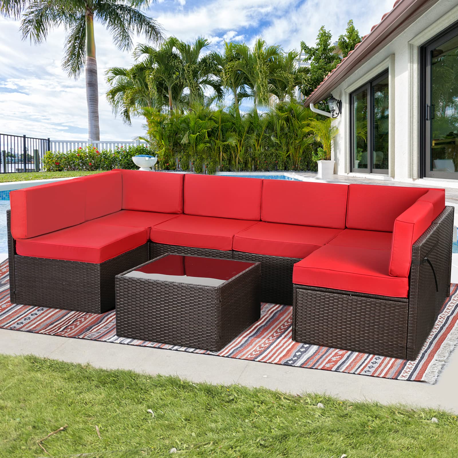 U-MAX Outdoor Sectional Furniture Chair Set with Cushions and Coffee Table,Patio PE Rattan Wicker Sofa, 7 Piece