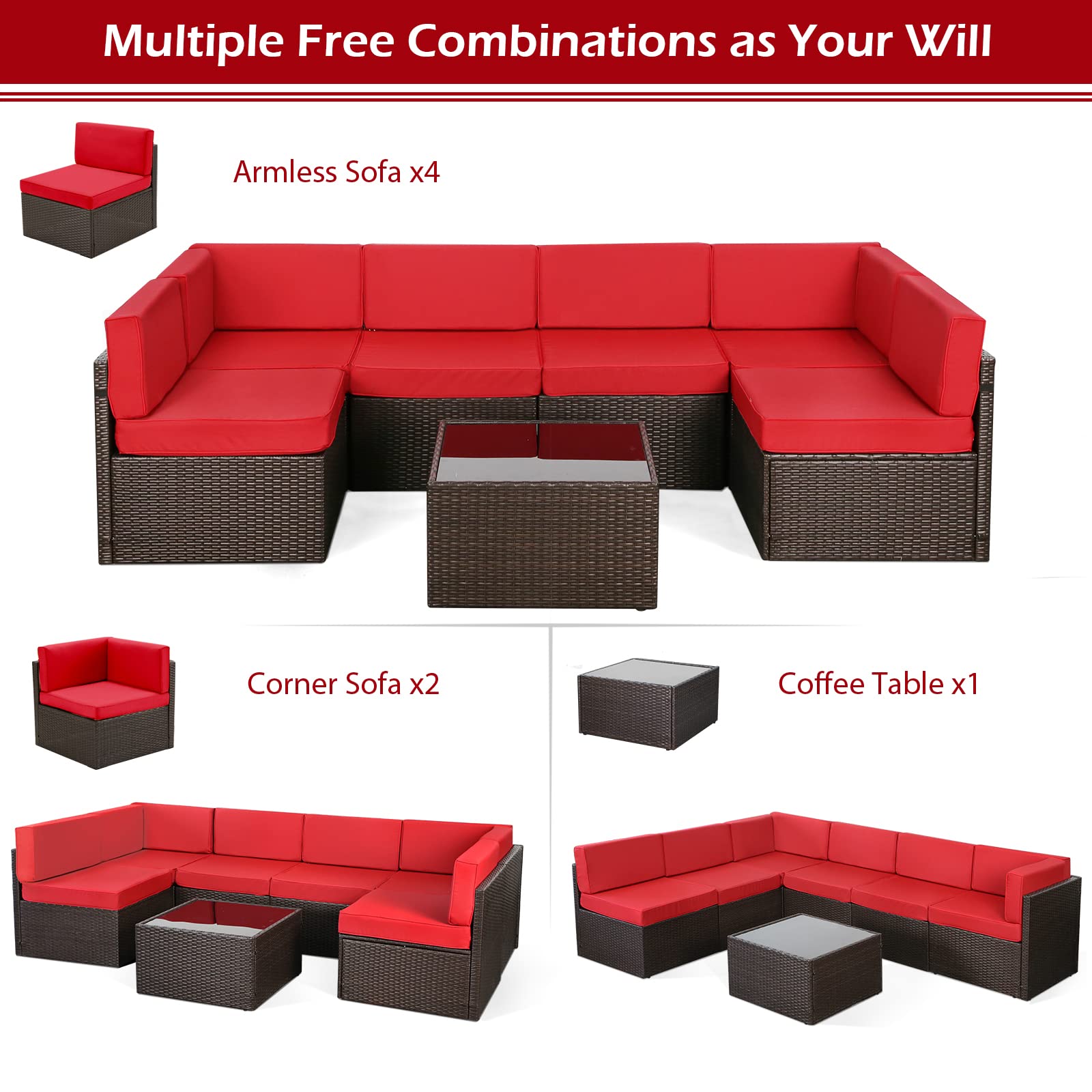 U-MAX Outdoor Sectional Furniture Chair Set with Cushions and Coffee Table,Patio PE Rattan Wicker Sofa, 7 Piece