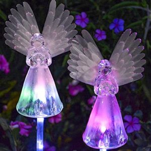 2 pack solar powered angel for cemetery decorations,garden stake light multi-color changing led waterproof lawn decorative light for garden yard patio cemetery grave decorations