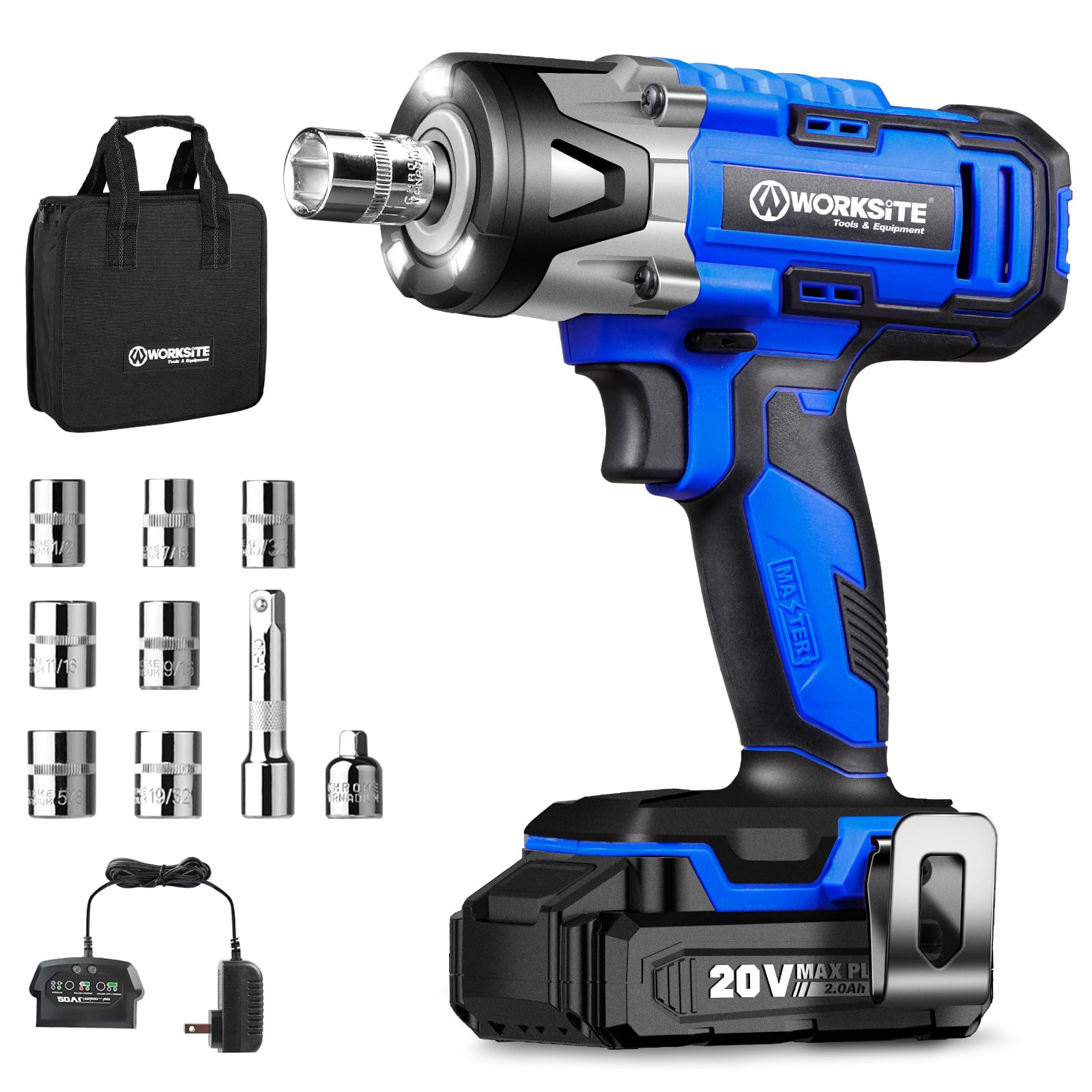 WORKSITE 20V Cordless Impact Wrench 3/8 Inch, Impact Gun with 2.0A Li-ion Battery, Charger, 8Pcs Driver Impact Sockets, 3/8" to 1/4" Adaptor & Extension Bar, Blue