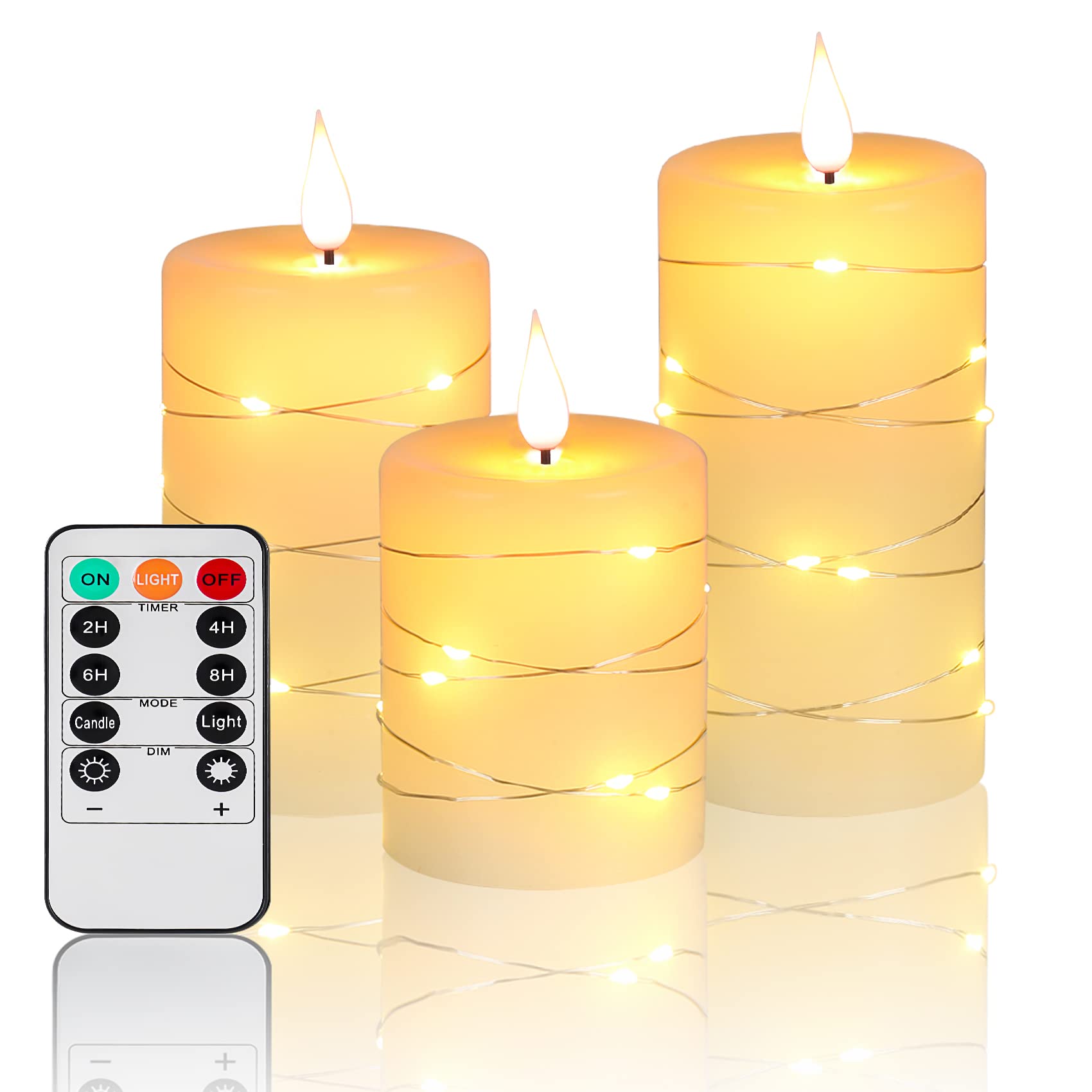 Flameless Candles With Remote, Battery Operated Candles LED Candles with string lights Flickering Candles with Timer, 4‘’ 5‘’ 6‘’ Candle For Seasonal and Festival Celebration’s Candles set of 3