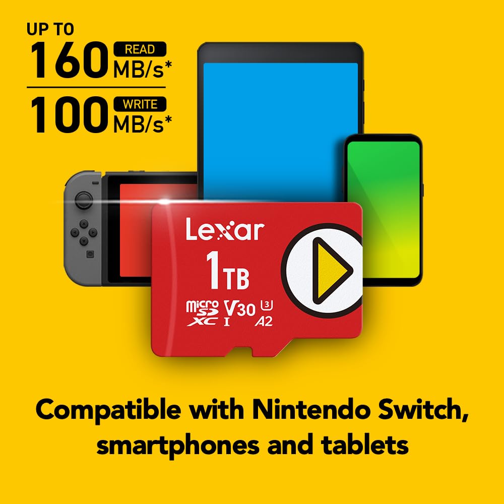 Lexar 1TB PLAY micro SD Card, UHS-I, C10, U3, V30, A2, Full-HD Video, Up To 150MB/s, Expanded Storage for Nintendo-Switch, Gaming Devices, Smartphones, Tablets (LMSPLAY001T-BNNNU)