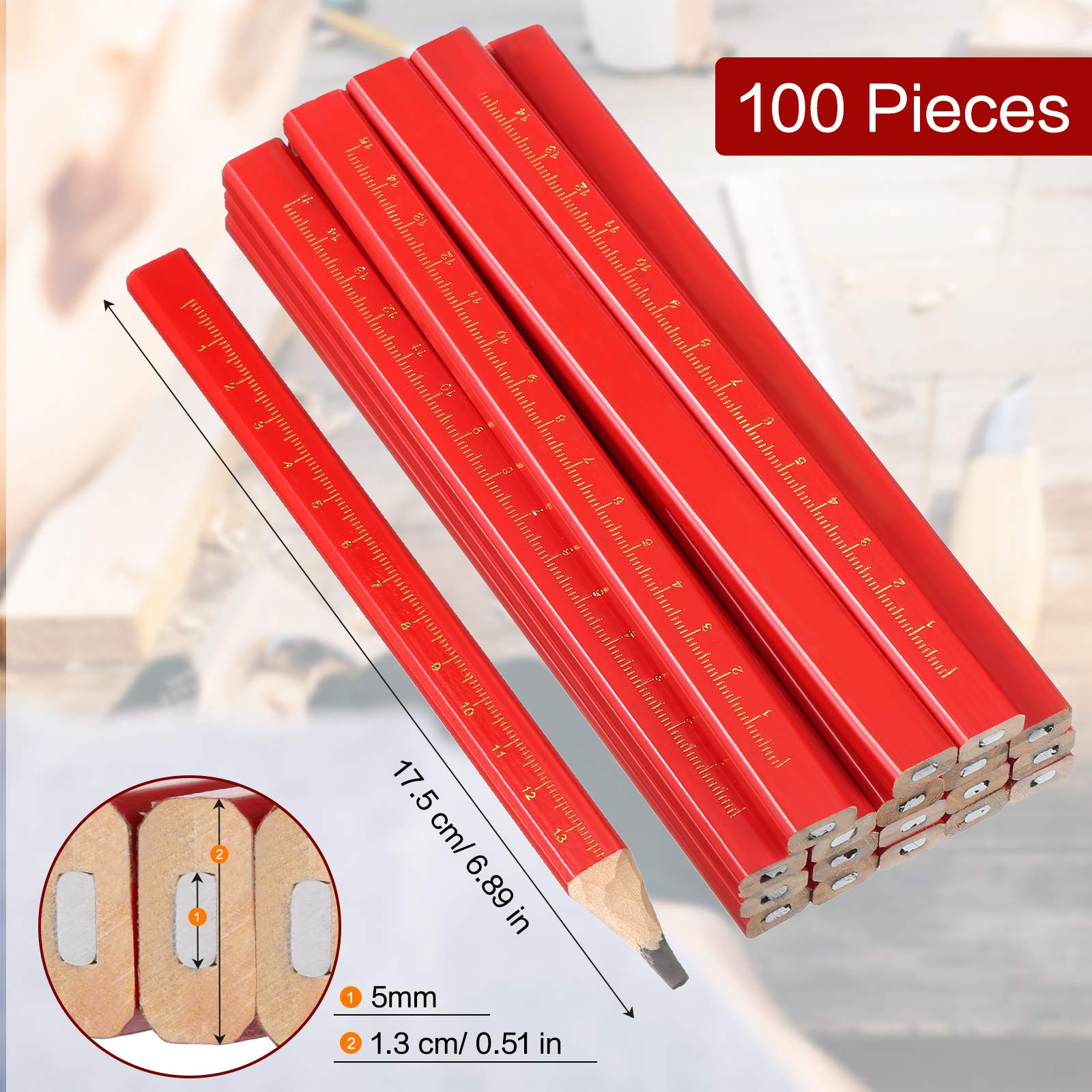 Zonon 100 Pieces Carpenter Pencils, Octagonal Red Hard Black Carpenter Pencils Construction Pencils for Woodworking Marking and Concrete Marking