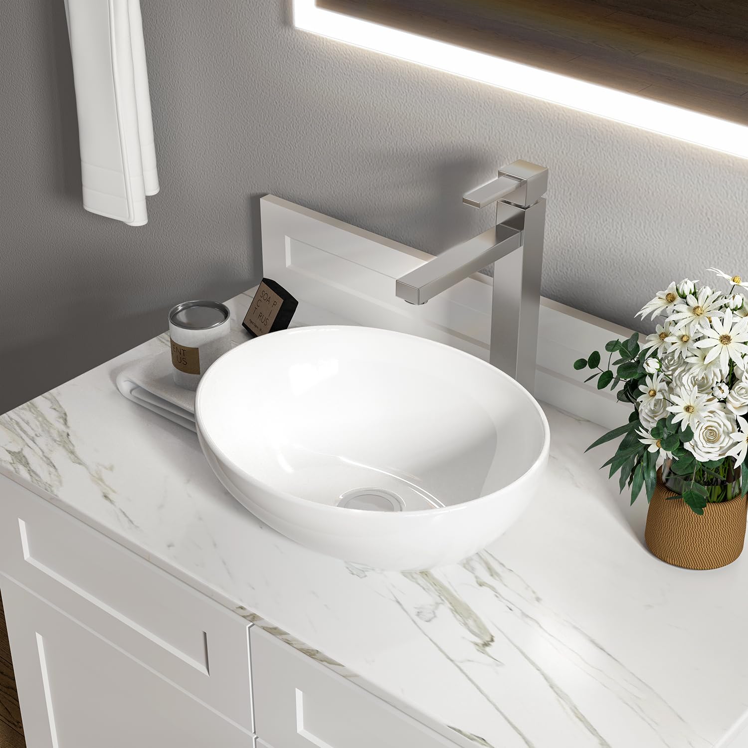 Sinber 16" x 13" x 5.5" White Oval Ceramic Countertop Bathroom Vanity Vessel Sink BVS1613A-OL