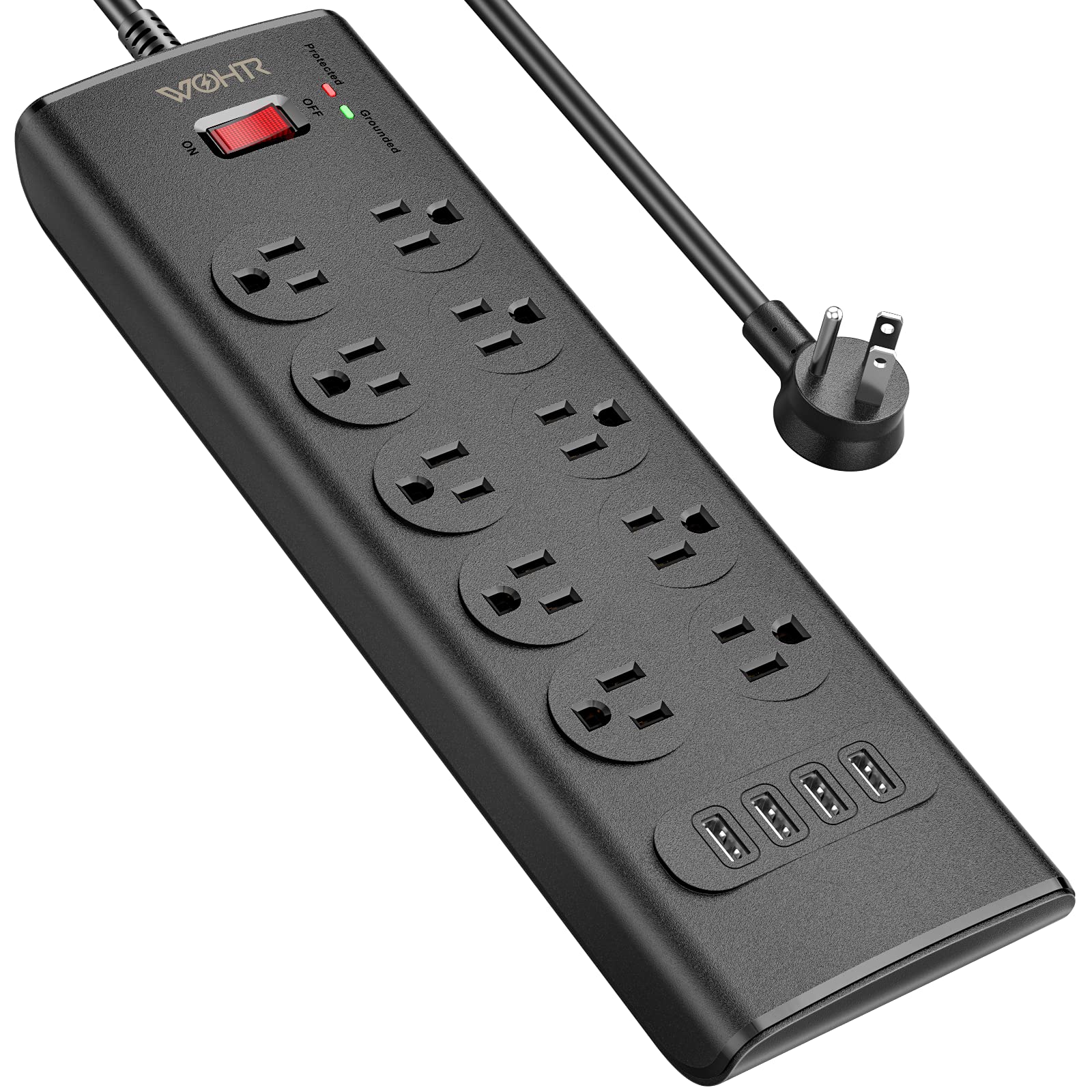 Power Strip with PD 20W USB C Port, Wohtr Surge Protector with 10 AC Outlets & 4 USB Ports (1 USB-C, 3 USB-A), 1875W/2370J, 6ft Heavy Duty Extension Cord, Flat Plug,Wall Mount, Overload Protection