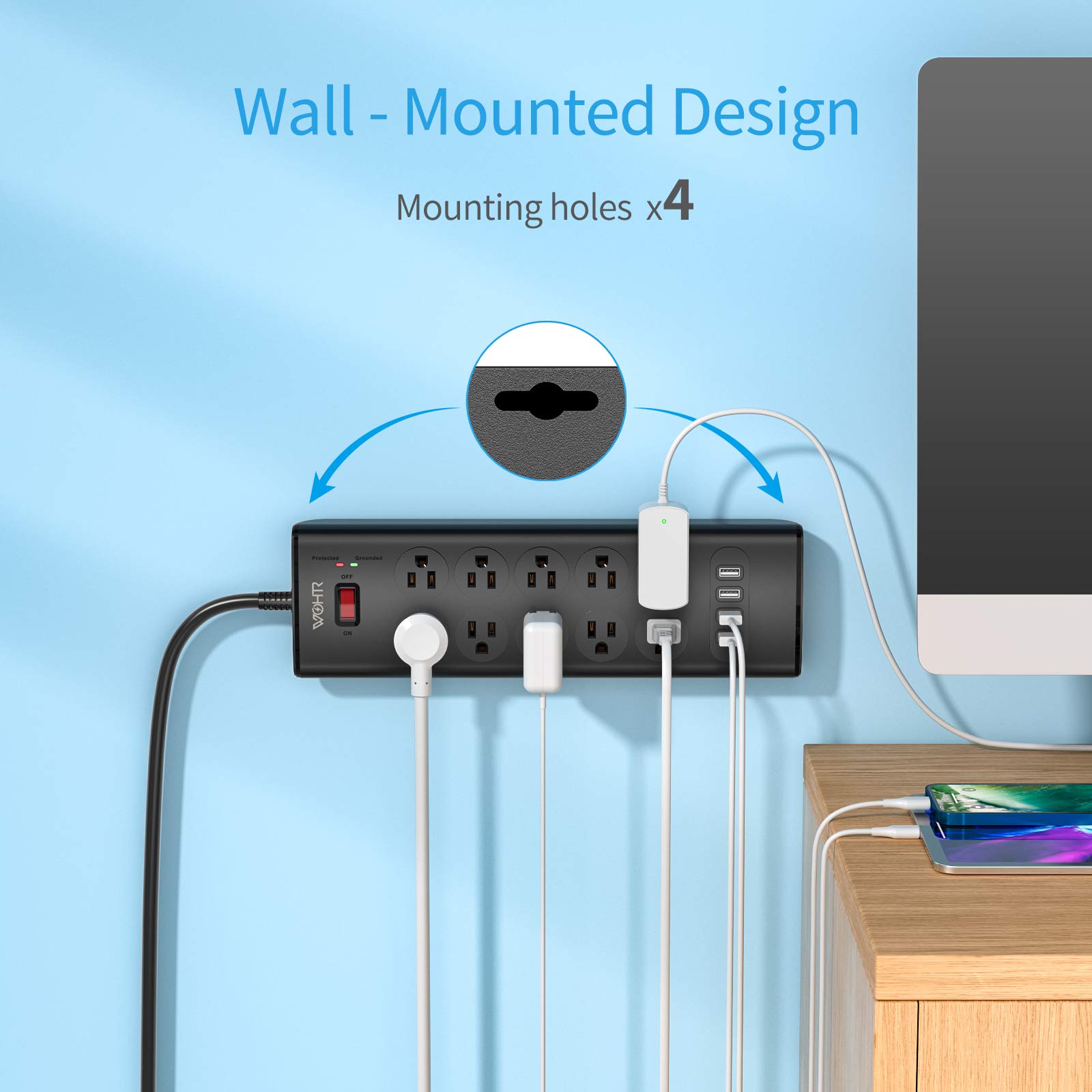 Power Strip with PD 20W USB C Port, Wohtr Surge Protector with 10 AC Outlets & 4 USB Ports (1 USB-C, 3 USB-A), 1875W/2370J, 6ft Heavy Duty Extension Cord, Flat Plug,Wall Mount, Overload Protection