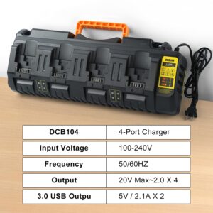 DCB104 Battery Charger Replacement for Dewalt Battery Charger DCB102 DCB118 DCB107 DCB115, 4-Port Battery Charger Compatible with Dewalt 12V 20V Max Li-ion Batteries DCB205 DCB206 DCB207 DCB606 DCB127