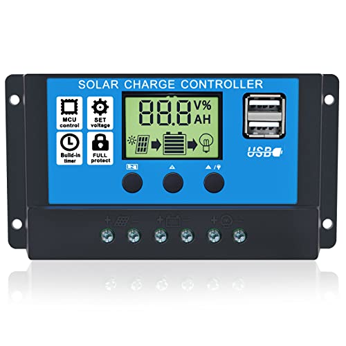 Gdcreestar Solar Charge Controller USB 12V / 24V Auto 10A Solar Panel Battery Controller 10Amp PWM Solar Regulator with Dual USB LCD fit for Small Solar System