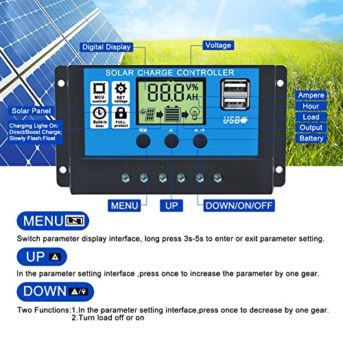 Gdcreestar Solar Charge Controller USB 12V / 24V Auto 10A Solar Panel Battery Controller 10Amp PWM Solar Regulator with Dual USB LCD fit for Small Solar System