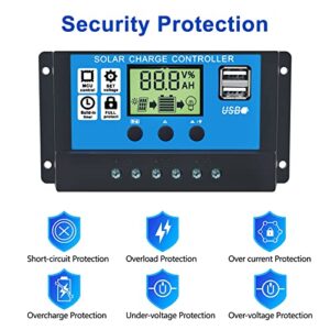 Gdcreestar Solar Charge Controller USB 12V / 24V Auto 10A Solar Panel Battery Controller 10Amp PWM Solar Regulator with Dual USB LCD fit for Small Solar System