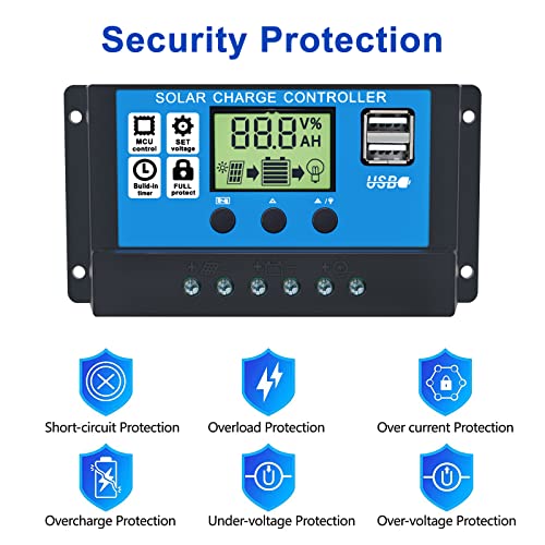 Gdcreestar Solar Charge Controller USB 12V / 24V Auto 10A Solar Panel Battery Controller 10Amp PWM Solar Regulator with Dual USB LCD fit for Small Solar System