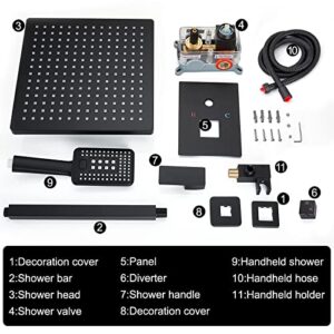 Midanya Matte Black Shower System Ceiling Mount ABS 12 Inch Rain Shower Head with 3 Functions ABS Handheld Spray Luxury High Pressure Shower Combo Set Rough-in Valve and Shower Trim