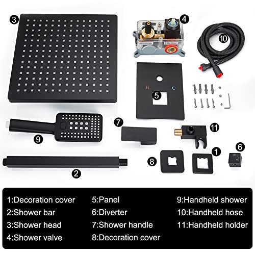 Midanya Matte Black Shower System Ceiling Mount ABS 12 Inch Rain Shower Head with 3 Functions ABS Handheld Spray Luxury High Pressure Shower Combo Set Rough-in Valve and Shower Trim