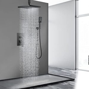 Midanya Matte Black Shower System Ceiling Mount ABS 12 Inch Rain Shower Head with 3 Functions ABS Handheld Spray Luxury High Pressure Shower Combo Set Rough-in Valve and Shower Trim