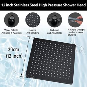 Midanya Matte Black Shower System Ceiling Mount ABS 12 Inch Rain Shower Head with 3 Functions ABS Handheld Spray Luxury High Pressure Shower Combo Set Rough-in Valve and Shower Trim