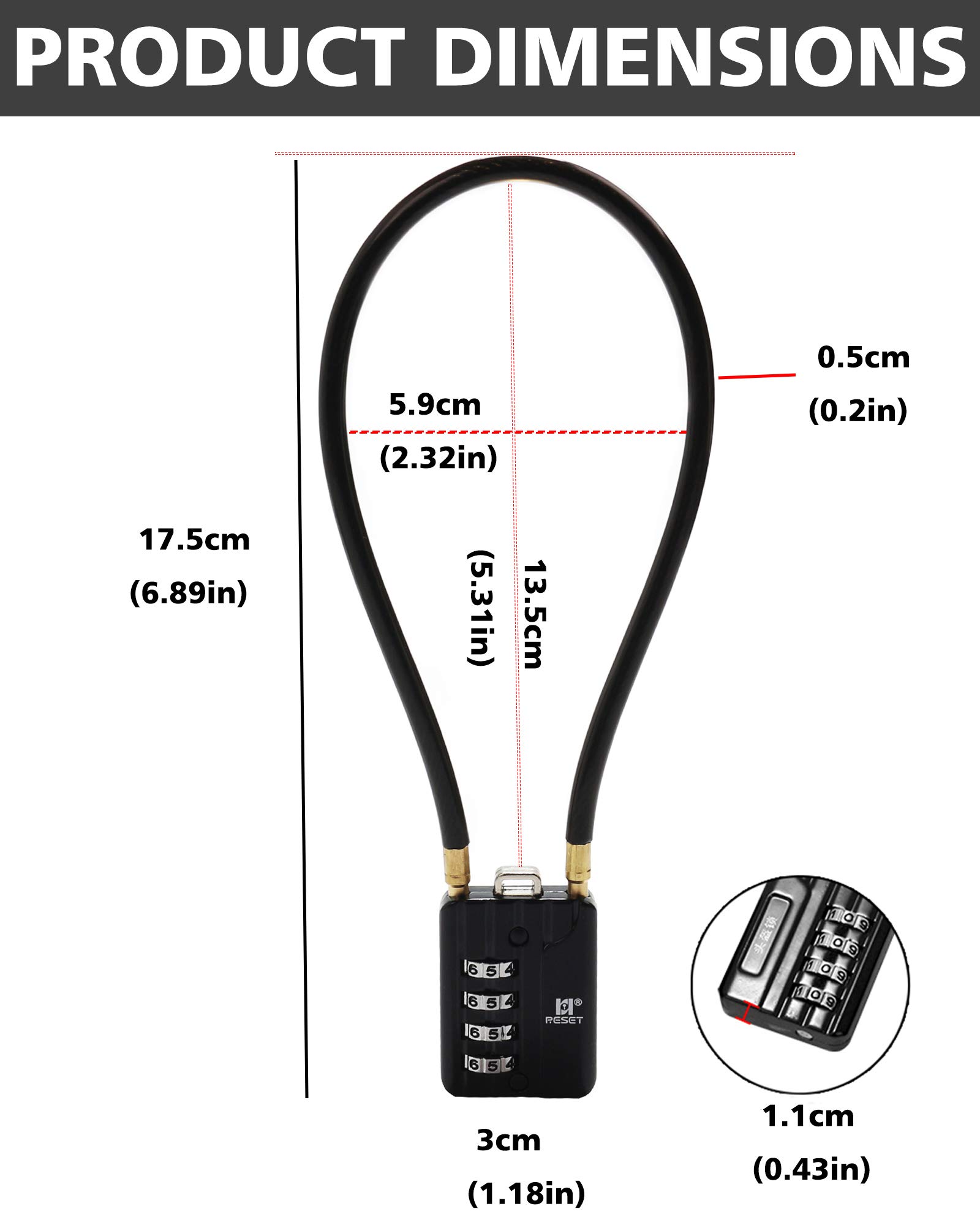 RESET-201 4 Digit Combination Padlock with 12 inch(30cm) Steel Cable,Cable Lock for Locker Luggage Suitcase Gun Case Toolbox Helmet,5mm Diameter,Black