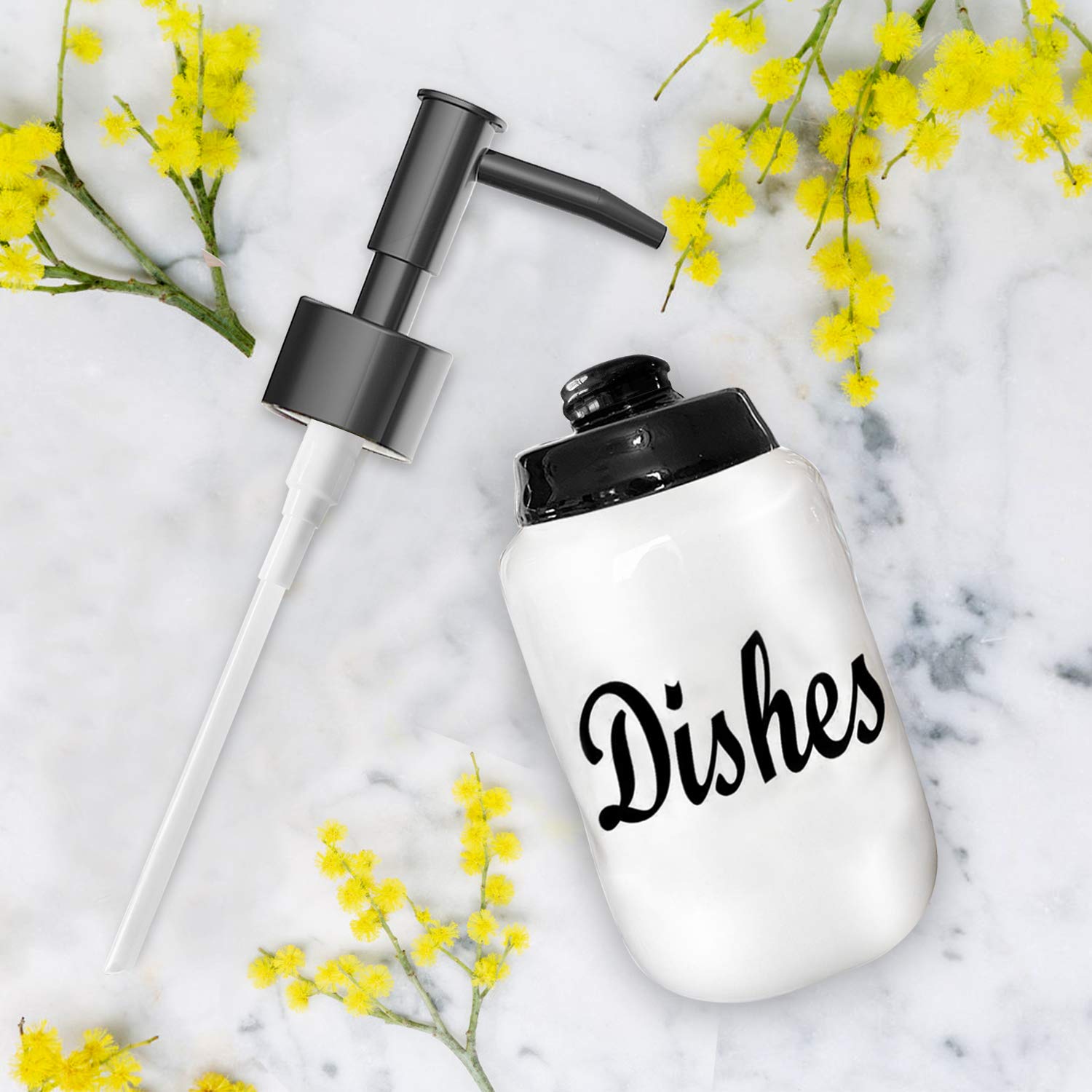 JANEAST Soap Dispenser - White Ceramic Bottles with Black Pump and Lettering- Refillable Liquid Hand Soap Dispenser for Kitchen Counter Decor-Kitchen Sink-Bathroom, Premium Kitchen Soap Dispenser