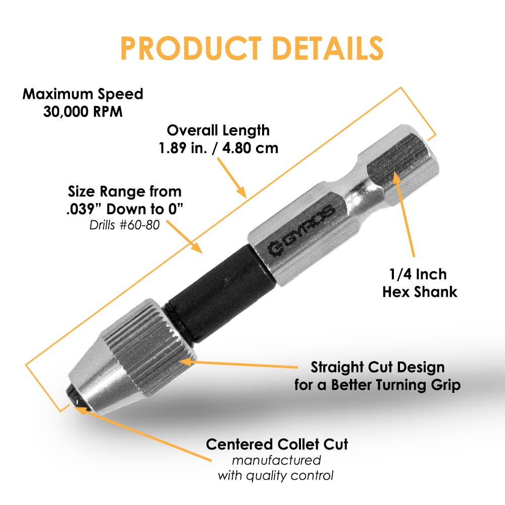 GYROS Keyless Mini Adapter Chuck, ¼ Inch Hex Shank, Small Drill Bit Adapter Chuck sized 0 to 0.039 Inch for Micro Drill Bits #60-#80, Micro Drill Chuck for Cordless Screwdrivers, Dremel, & Power Tools