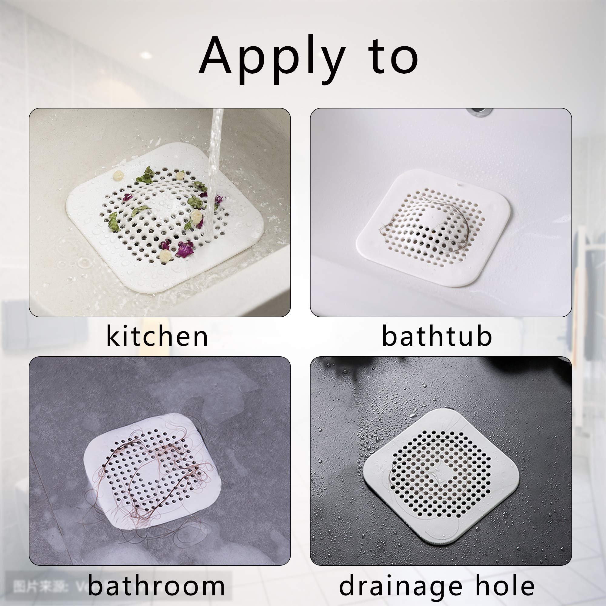 Drain Hair Catcher Square Silicone Trap Shower Drain Cover with Suction Cups for Bathroom Bathtub Kitchen Filter Flat Strainer, 2 Pack