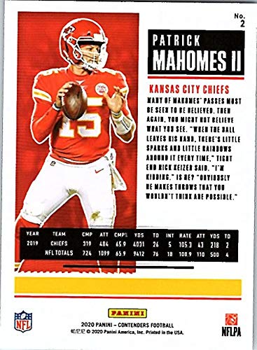 2020 PANINI CONTENDERS SEASON TICKET #2 PATRICK MAHOMES II CHIEFS FOOTBALL NFL OFFICIAL PANINI NFL TRADING CARD