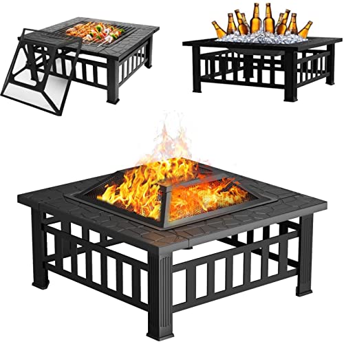 Fire Pit Outdoor Fire Pits with Heat-Resistant Coating Iron Tabletop Outdoor Wood Burning with Spark Screen Cover and Poker