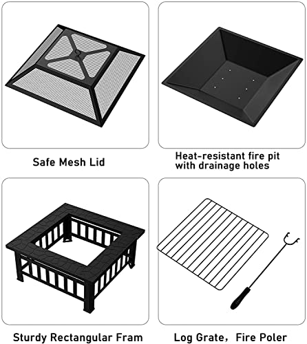 Fire Pit Outdoor Fire Pits with Heat-Resistant Coating Iron Tabletop Outdoor Wood Burning with Spark Screen Cover and Poker