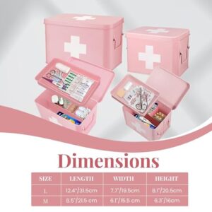 Flexzion First Aid Box Organizer, Empty 8.5 Inch Pink Vintage First Aid Kit Tin Metal Medical Box First Aid Storage Box Container Bins with Dividers, Removable Tray and Cross Logo