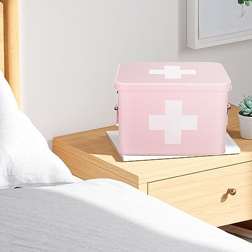 Flexzion First Aid Box Organizer, Empty 8.5 Inch Pink Vintage First Aid Kit Tin Metal Medical Box First Aid Storage Box Container Bins with Dividers, Removable Tray and Cross Logo