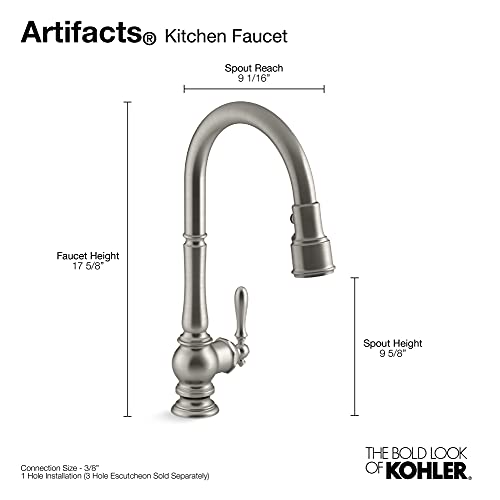 Kohler Artifacts® Single-Hole Kitchen Sink Faucet with 17-5/8" Pull-Down spout and Turned Lever Handle, DockNetik Secure Docking System, and 3-Function sprayhead,