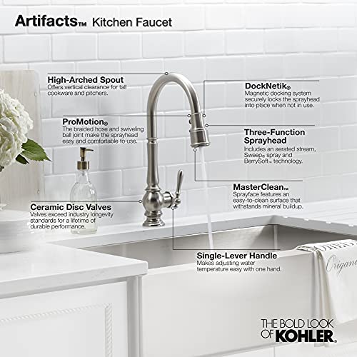 Kohler Artifacts® Single-Hole Kitchen Sink Faucet with 17-5/8" Pull-Down spout and Turned Lever Handle, DockNetik Secure Docking System, and 3-Function sprayhead,