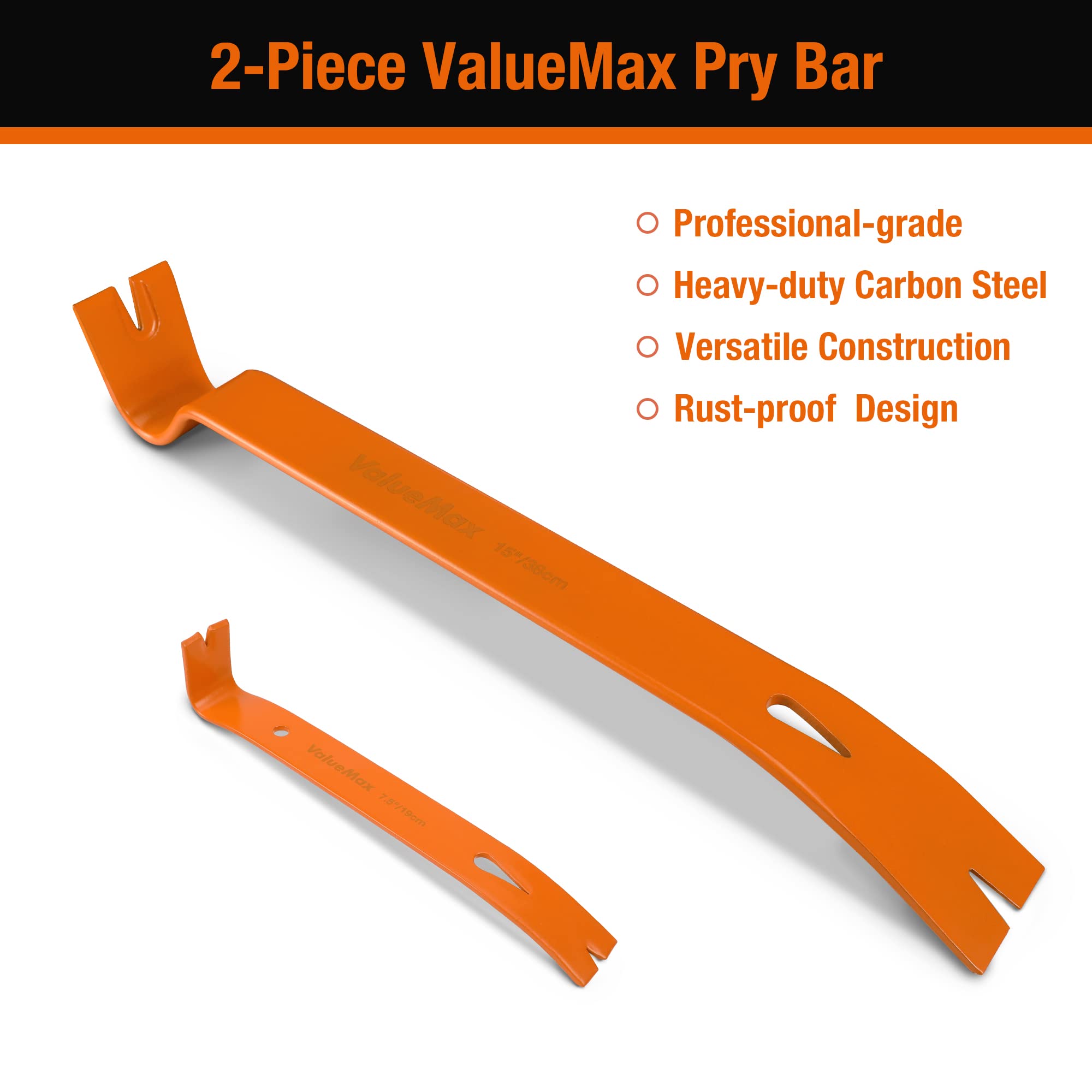 ValueMax 2-piece Flat Pry Bar Set, Includes 7-1/2” Mini Pry Bar, 15” Heavy Duty Nail Puller, Claw Bar, Wonder Bar, Corrosion Resistant Carbon Steel Made, for Kitchen Remodel, Prying Apart Boards