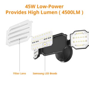 LEPOWER 4500LM LED Flood Light Outdoor Dusk to Dawn, 45W Security Lights Outdoor with 3 Adjustable Heads, IP65 Waterproof, 5000K, Photocell Flood Light Fixture for Garage, Patio, Yard