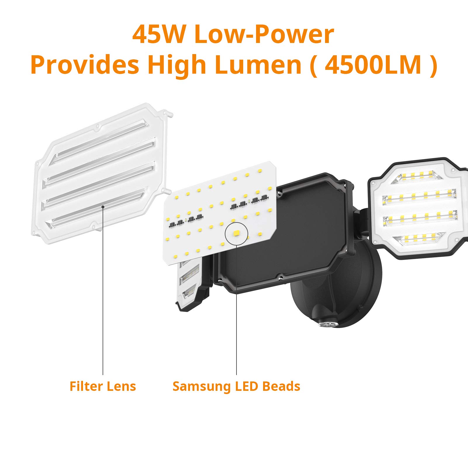 LEPOWER 4500LM LED Flood Light Outdoor Dusk to Dawn, 45W Security Lights Outdoor with 3 Adjustable Heads, IP65 Waterproof, 5000K, Photocell Flood Light Fixture for Garage, Patio, Yard