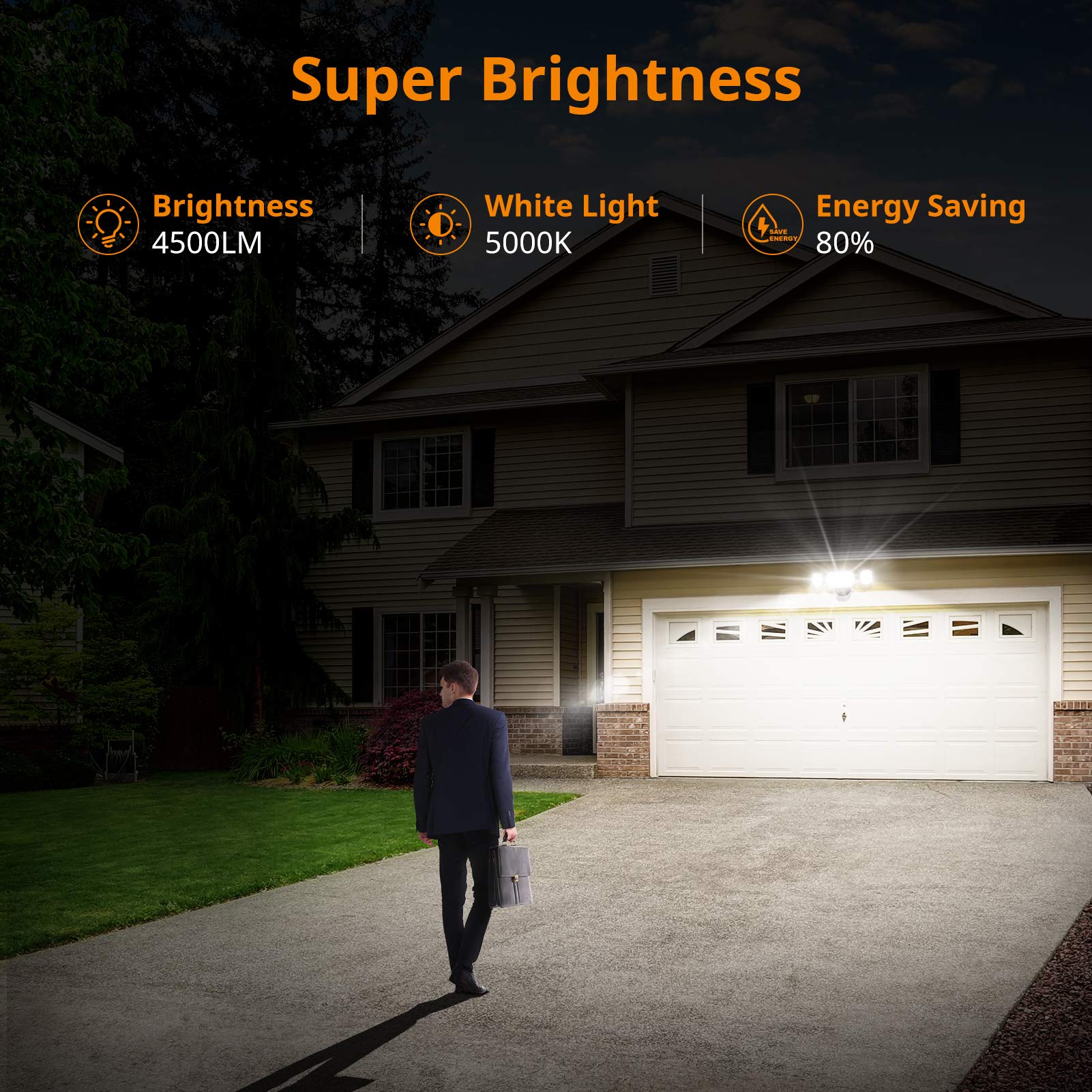 LEPOWER 4500LM LED Flood Light Outdoor Dusk to Dawn, 45W Security Lights Outdoor with 3 Adjustable Heads, IP65 Waterproof, 5000K, Photocell Flood Light Fixture for Garage, Patio, Yard