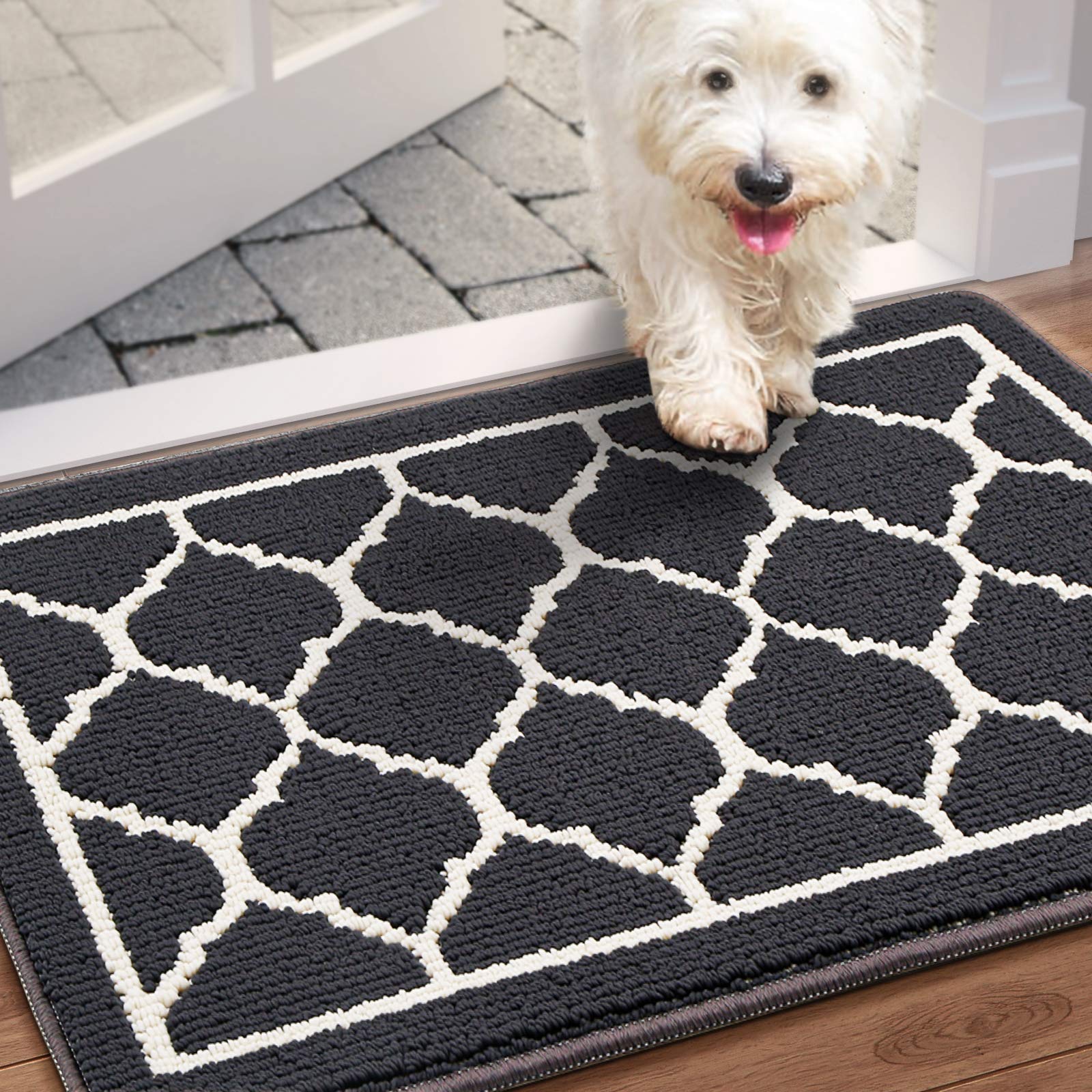 HappyTrends Door Mat Indoor Outdoor Entryway Welcome Mat, Super Absorbent Non Slip Rubber Doormat Front Back Low Profile Door Rug, Resist Dirt Floor Mat(20"x32"，Black)