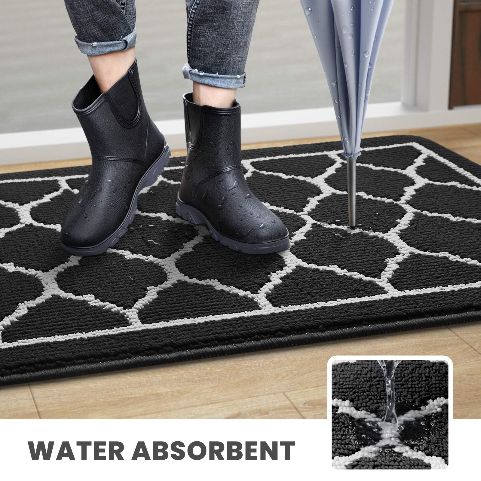 HappyTrends Door Mat Indoor Outdoor Entryway Welcome Mat, Super Absorbent Non Slip Rubber Doormat Front Back Low Profile Door Rug, Resist Dirt Floor Mat(20"x32"，Black)