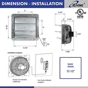 iLiving 10" Wall Mounted Shutter Exhaust Fan, Automatic Shutter, with Thermostat and Variable Speed controller, 65W, 820 CFM, 1200 SQF Coverage Area Silver (ILG8SF10V-ST)