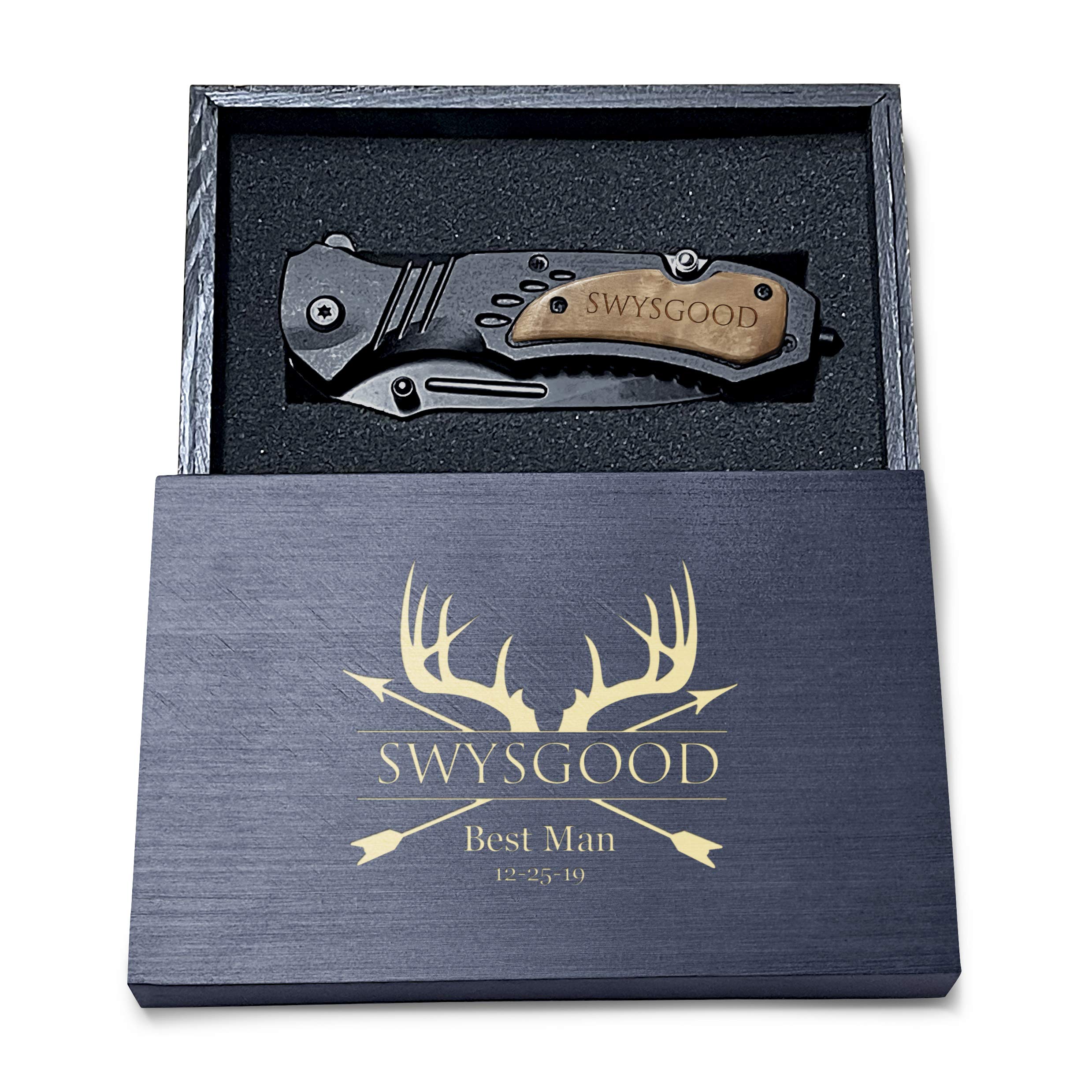 Krezy Case Deer Antlers Design Engraved Pocket Knife, 4.5" Folding Pocket Knife For Men with wooden black box, Laser Engraved Pocket Knife For Men, Hunting Knife