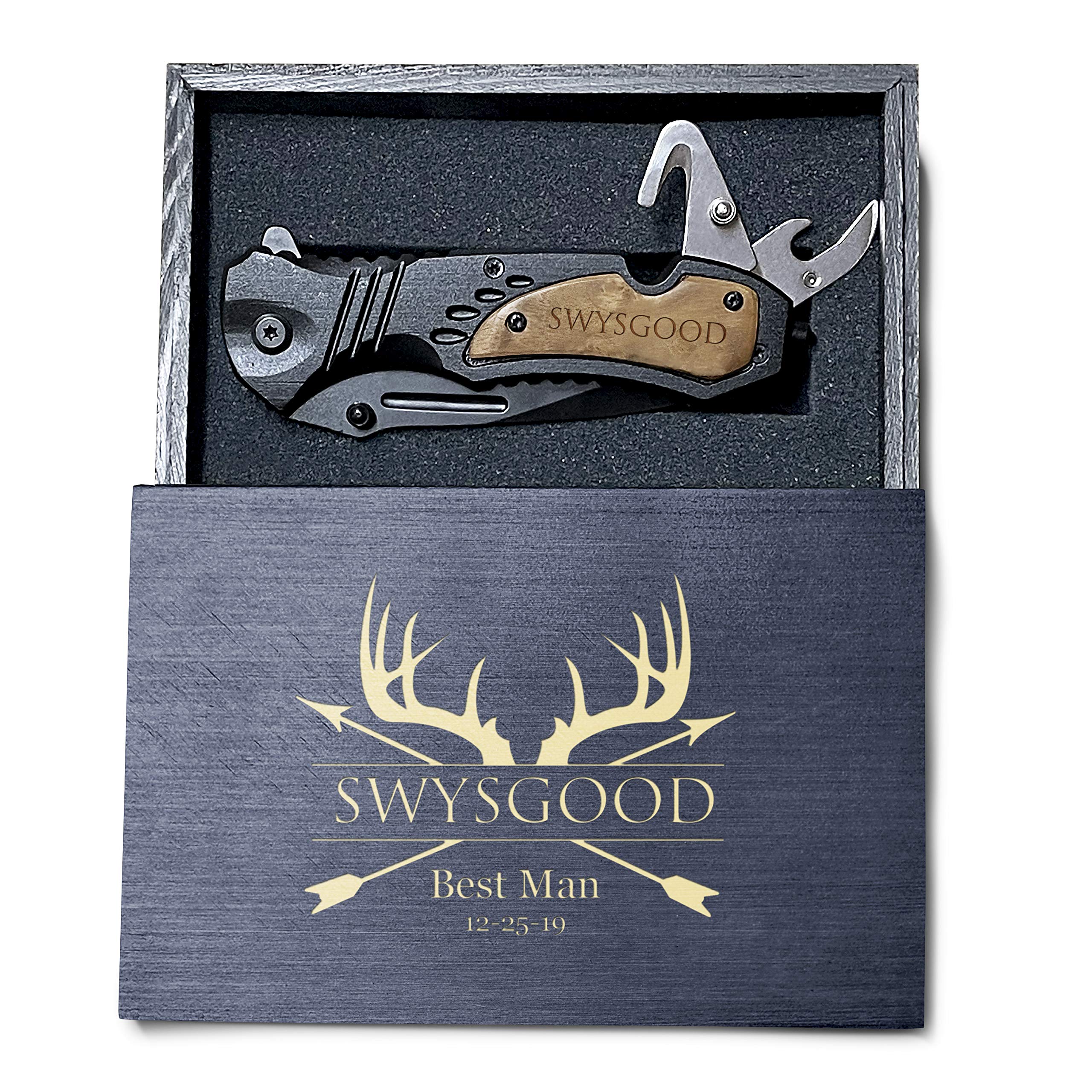 Krezy Case Deer Antlers Design Engraved Pocket Knife, 4.5" Folding Pocket Knife For Men with wooden black box, Laser Engraved Pocket Knife For Men, Hunting Knife