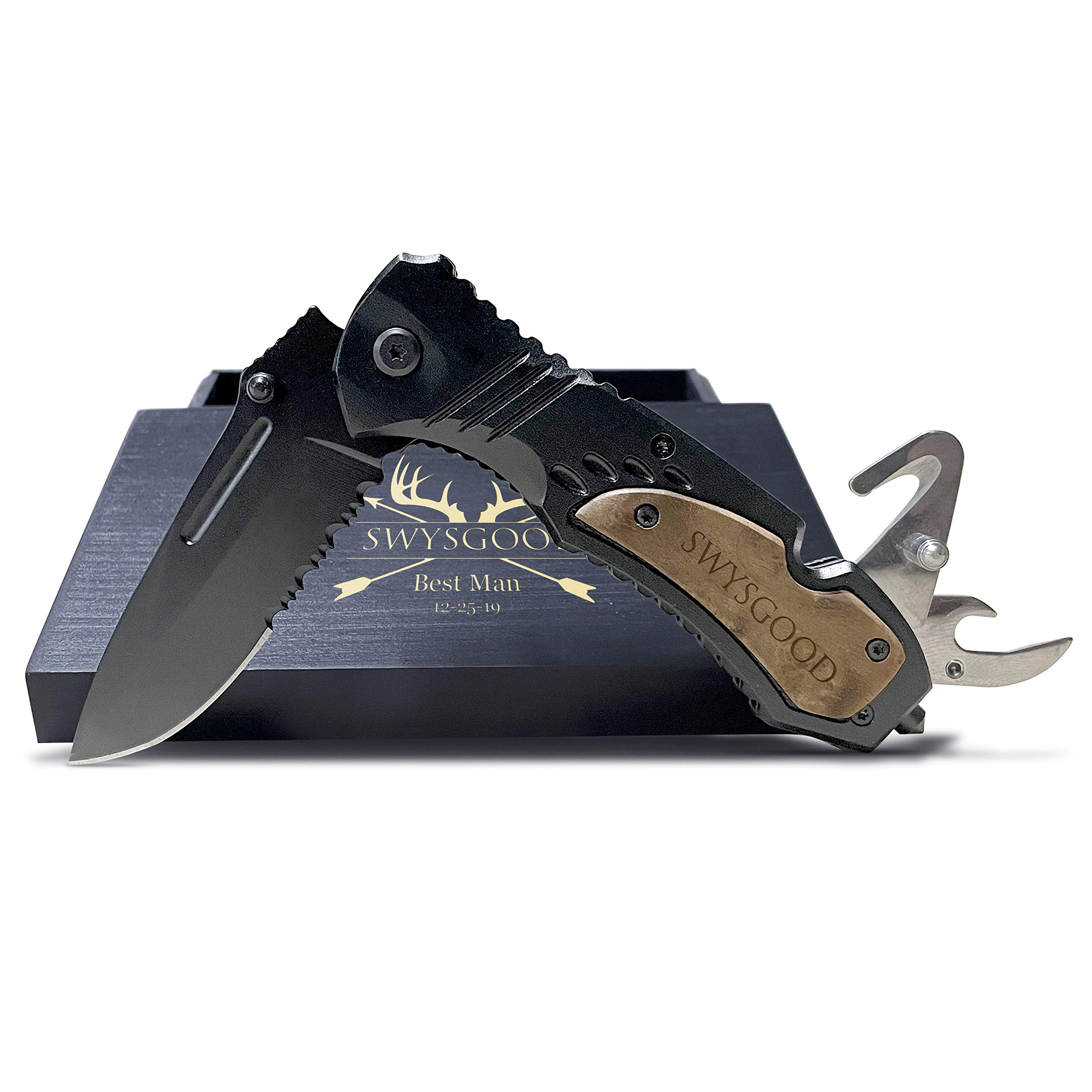 Krezy Case Deer Antlers Design Engraved Pocket Knife, 4.5" Folding Pocket Knife For Men with wooden black box, Laser Engraved Pocket Knife For Men, Hunting Knife