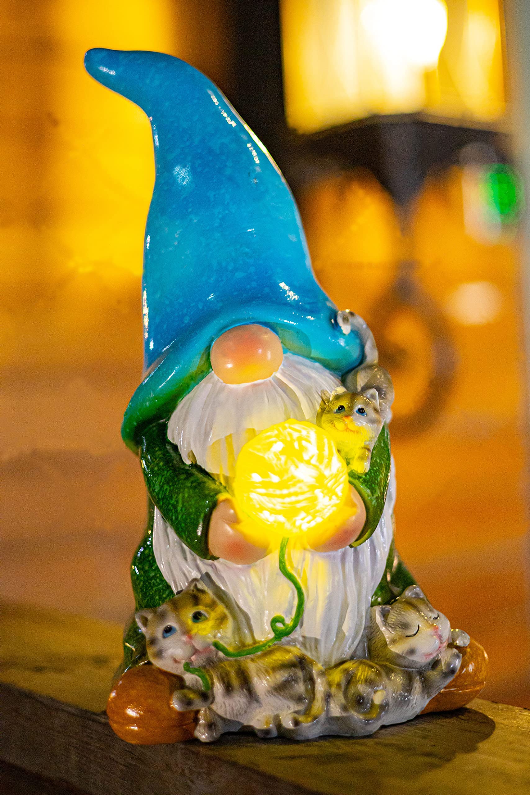 FLJZCZM Garden Statues Gnomes Decor, 10'' Gnome Cat Figurine Holding Ball with Solar LED Lights for Outdoor Indoor Patio Yard Lawn Ornament Christmas Halloween Decorations, Blue Hat