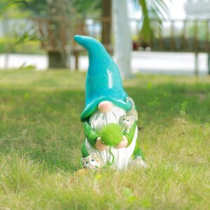 FLJZCZM Garden Statues Gnomes Decor, 10'' Gnome Cat Figurine Holding Ball with Solar LED Lights for Outdoor Indoor Patio Yard Lawn Ornament Christmas Halloween Decorations, Blue Hat