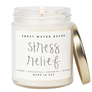 sweet water decor stress relief candle | eucalyptus, spearmint, citrus, sage, relaxing scented soy candles for home | 9oz clear jar, 40 hour burn time, made in the usa