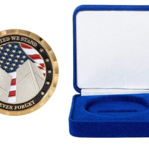 Never Forget 9/11 United We Stand Challenge Coin and Blue Velvet Display Box